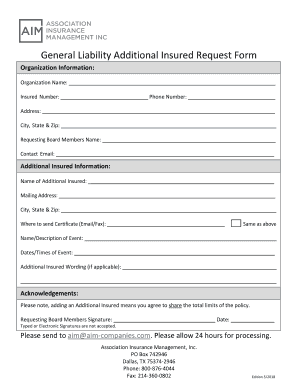 Fillable Online General Liability Additional Insured Request Form Fax ...
