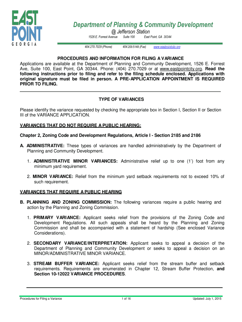 Fillable Online PROCEDURES AND INFORMATION FOR FILING A VARIANCE Fax Email Print - pdfFiller