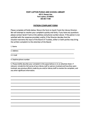 Fillable Online fort lupton public and school library patron complaint ...