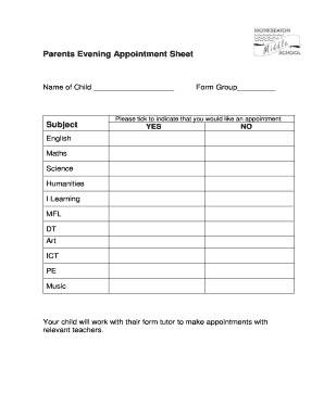Fillable Online Parents Evening Appointment Sheet Fax Email Print ...