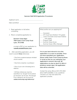 Fillable Online 2019 Cedar Crest Summer Staff Application - Cedar Crest ...