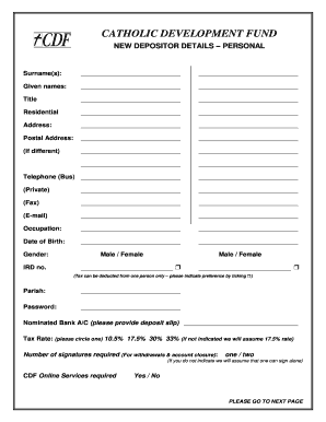 Fillable Online cdf org NEW DEPOSITOR DETAILS PERSONAL - cdf.org.nz Fax ...