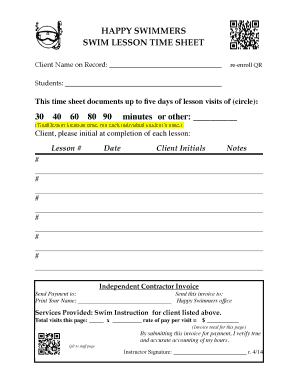 Fillable Online SWIM LESSON TIME SHEET r.4/4 - Happy Swimmers Fax Email ...