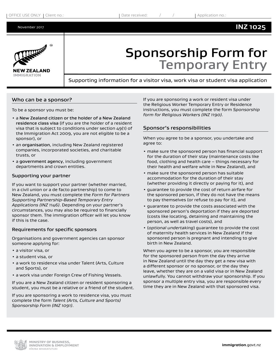 NZ INZ 1025 2017 Form - Printable Blank PDF Online