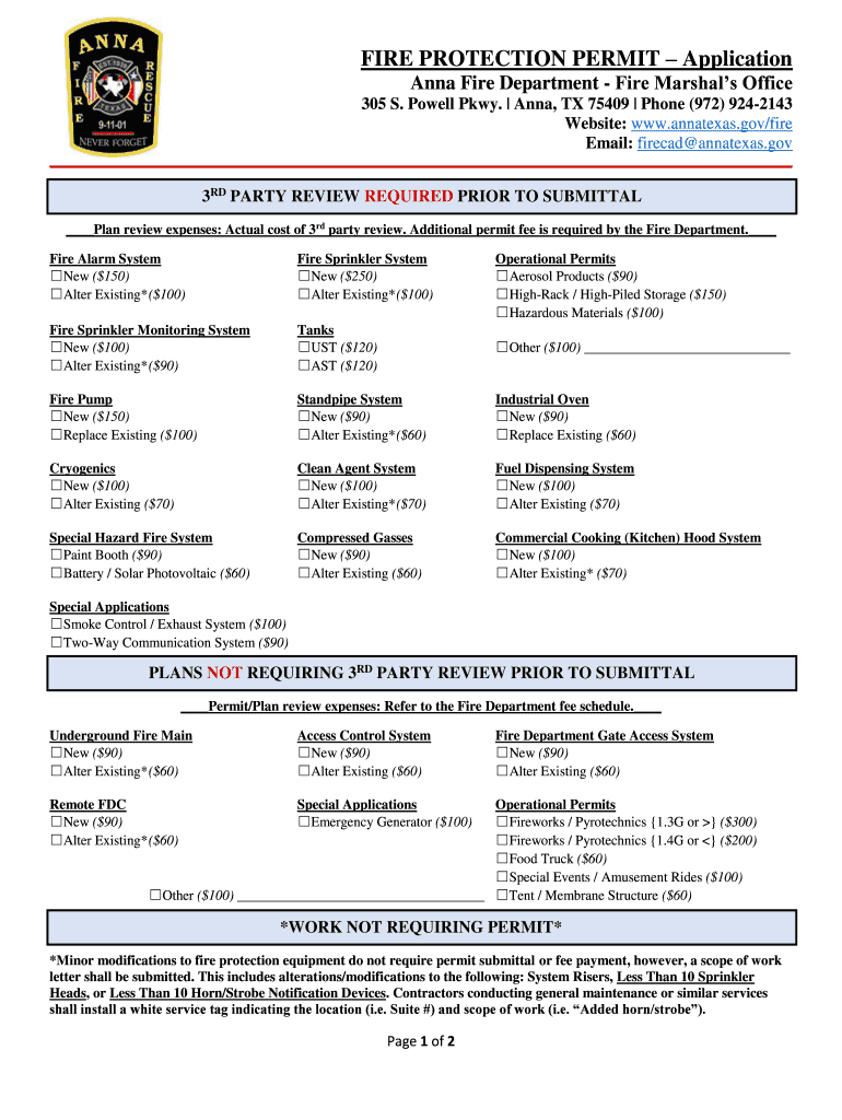 Fillable Online FIRE PROTECTION PERMIT Application Anna Fire Department ...