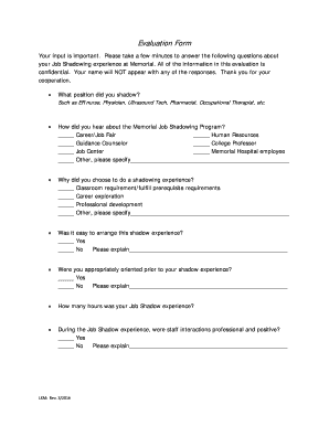 Fillable Online Shadow Evaluation Form - Memorial Hospital Fax Email ...