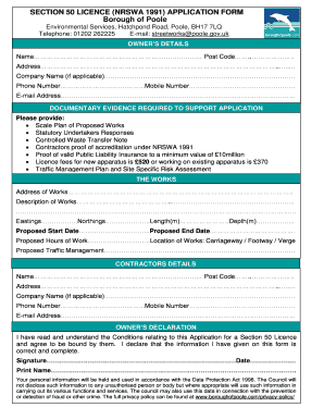 Fillable Online SECTION 50 LICENCE (NRSWA 1991) APPLICATION FORM ...
