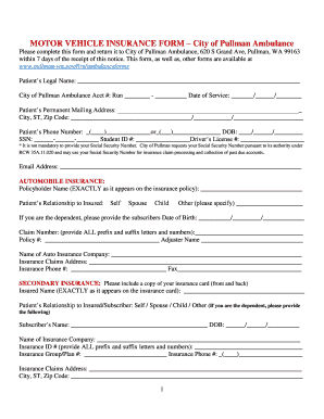 Fillable Online MOTOR VEHICLE INSURANCE FORM City of Pullman Ambulance ...