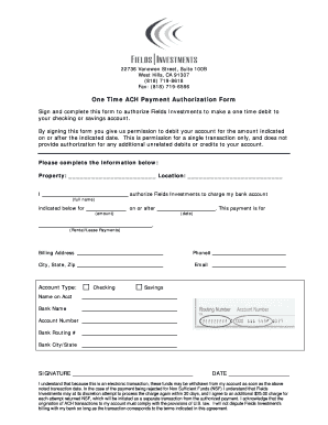 Fillable Online One Time ACH Payment Authorization Form - Fields ...