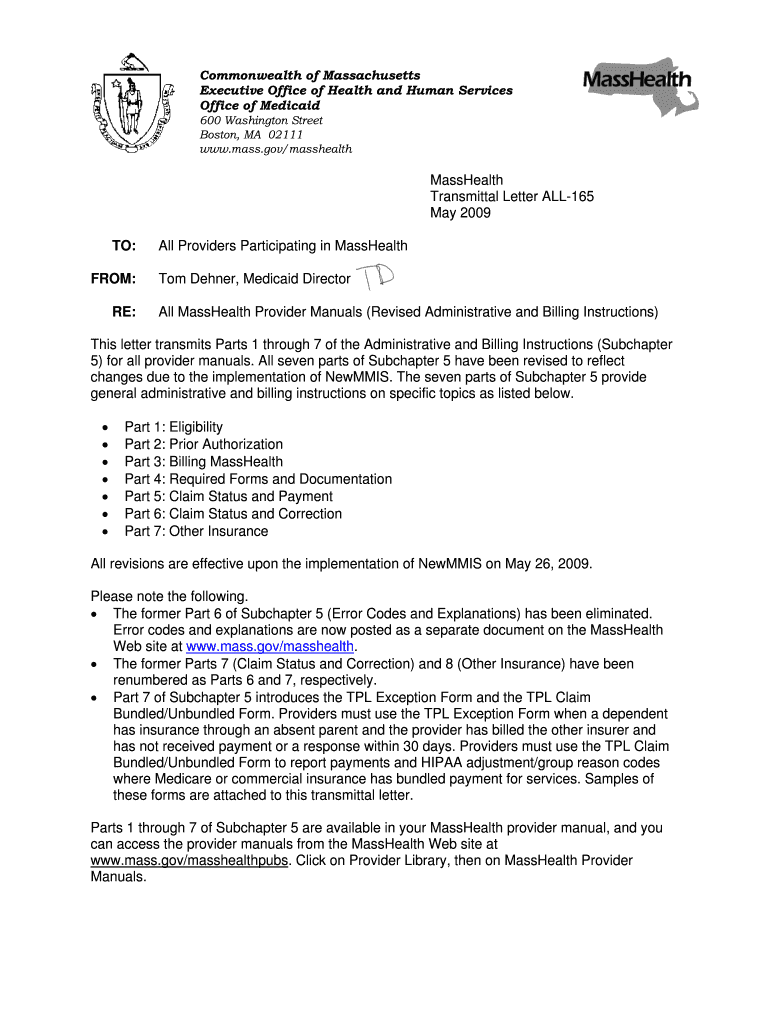 Fillable Online MassHealth Transmittal Letter ALL-165 May 2009 TO: All ...