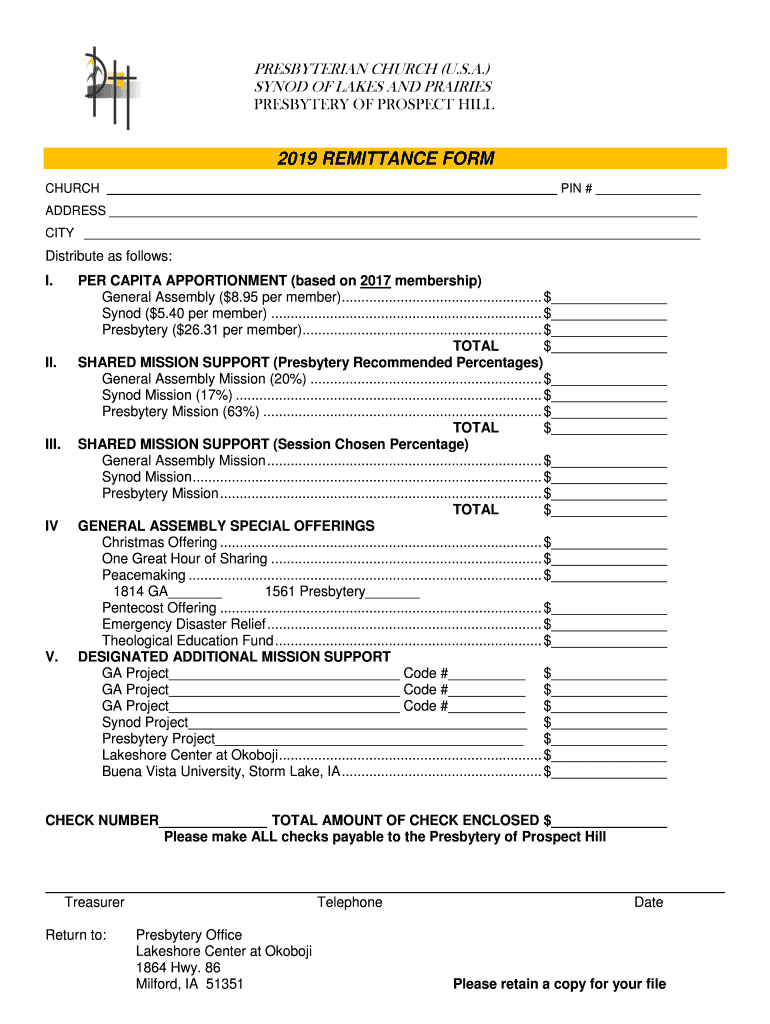 Fillable Online 2019 REMITTANCE FORM Fax Email Print - pdfFiller