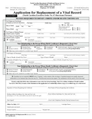 Fillable Online vitalrecords nc Application Replacement Birth Death ...