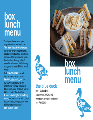 Fillable Online Box Lunch Menu For The Blue Duck - Blue Duck STL Fax ...