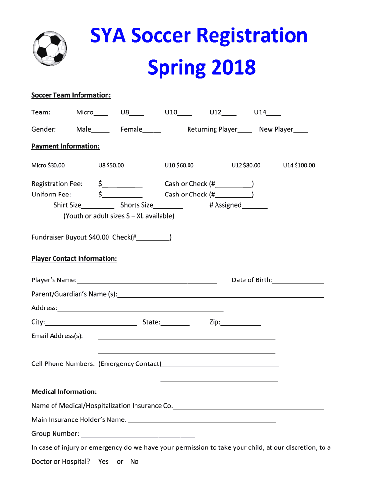 Fillable Online SYA Soccer Registration Spring 2018 - Salisbury Youth ...