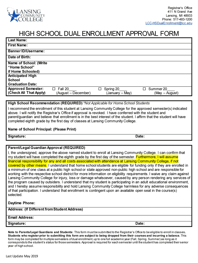 Fillable Online High School Dual Enrollment Approval Form - Lansing ...
