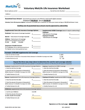 Fillable Online Voluntary MetLife Life Insurance Worksheet Fax Email ...