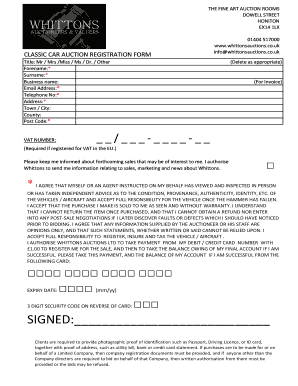 Fillable Online whittonsauctions co CLASSIC CAR AUCTION REGISTRATION ...