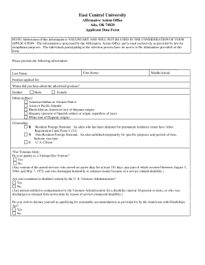 Fillable Online Affirmative Action Office Ada, OK 74820 Applicant Data ...