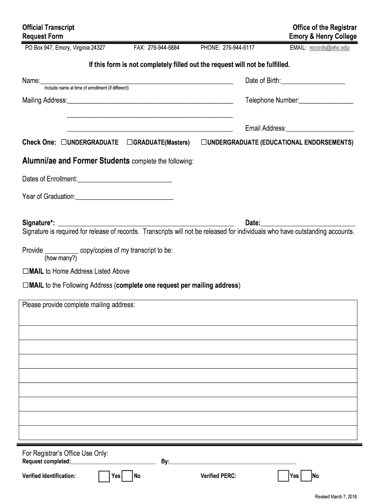 Fillable Online Office Transcript Request Form. Transcript Request Fax Email Print - pdfFiller