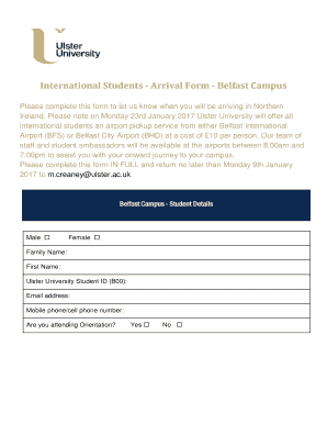 Fillable Online International Students - Arrival Form - Belfast Campus ...