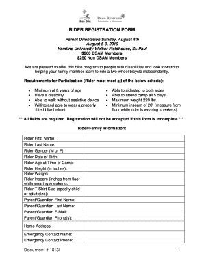 Fillable Online rider registration form - Down Syndrome Association of ...