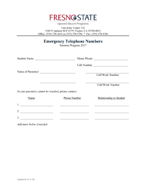 Fillable Online Emergency Telephone Numbers Form 2017 Fax Email Print ...