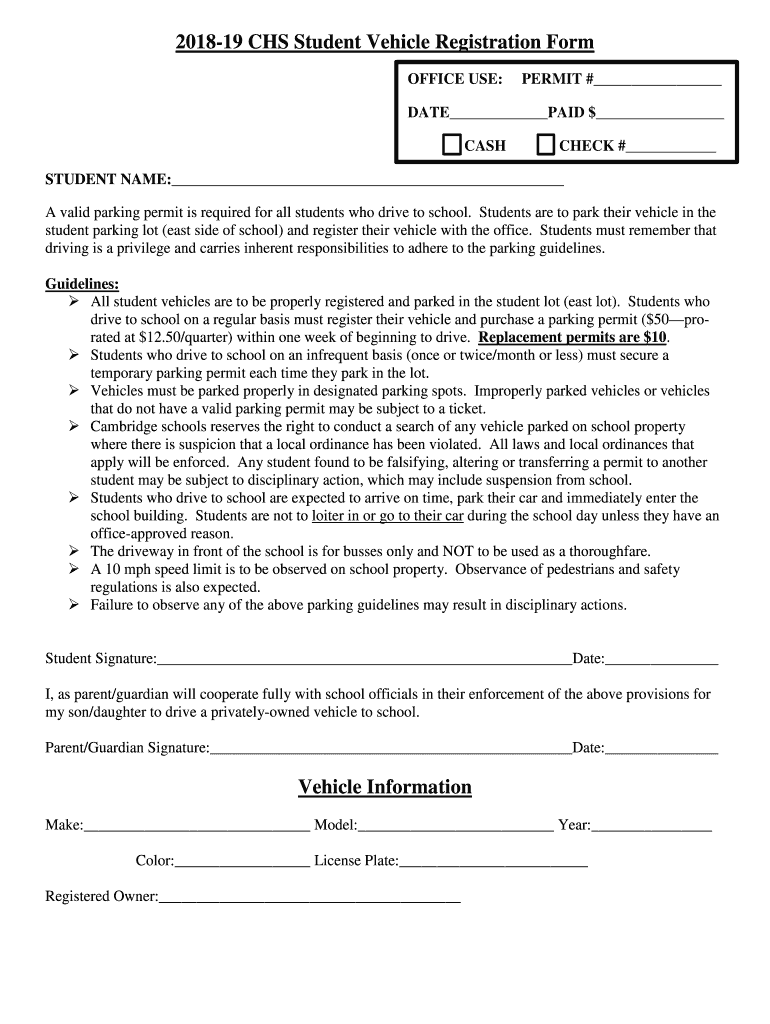 Fillable Online 2018-19 CHS Student Vehicle Registration Form Fax Email ...