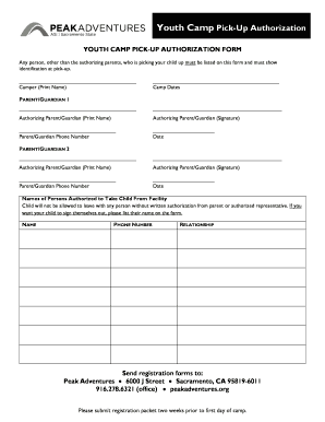 Fillable Online Youth Camp Pick-Up Authorization Fax Email Print ...