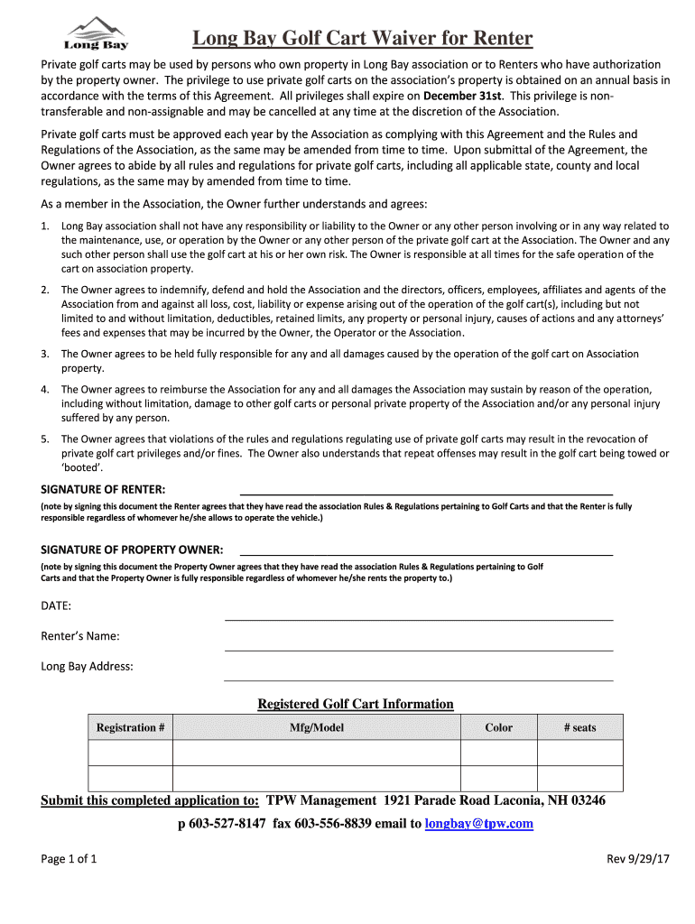 Fillable Online Long Bay Golf Cart Waiver for Renter Fax Email Print ...