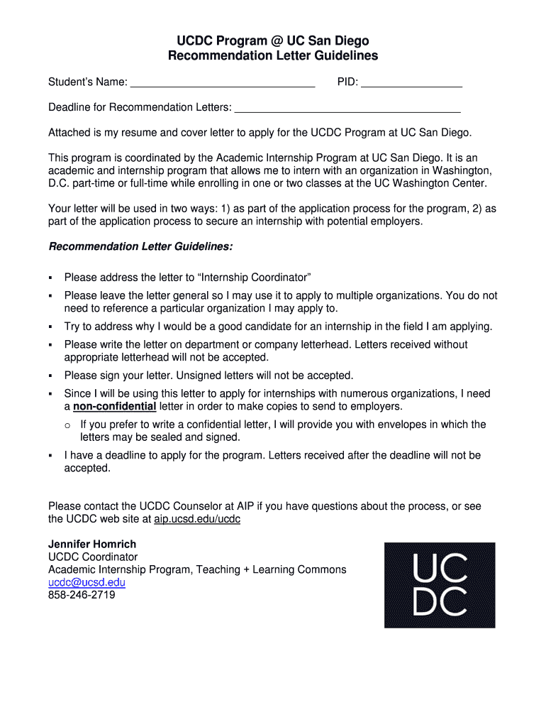 Fillable Online aip ucsd UCDC ProgramUC San Diego Recommendation Letter ...