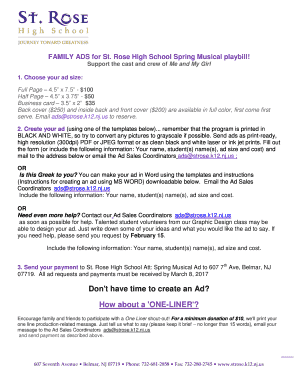 Fillable Online FAMILY ADS for St. Rose High School Spring Musical ...