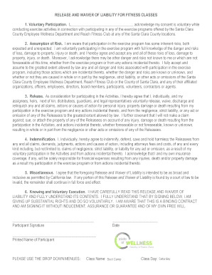 Fillable Online RELEASE AND WAIVER OF LIABILITY FOR FITNESS CLASSES Fax ...