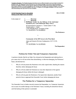 Fillable Online Petition for Order Nisi and Temporary Injunction The ...