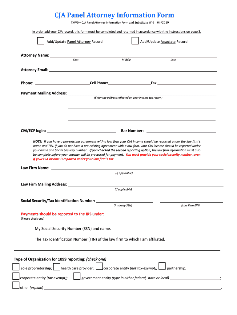 Fillable Online TXWD CJA Panel Attorney Information Form and Substitute ...