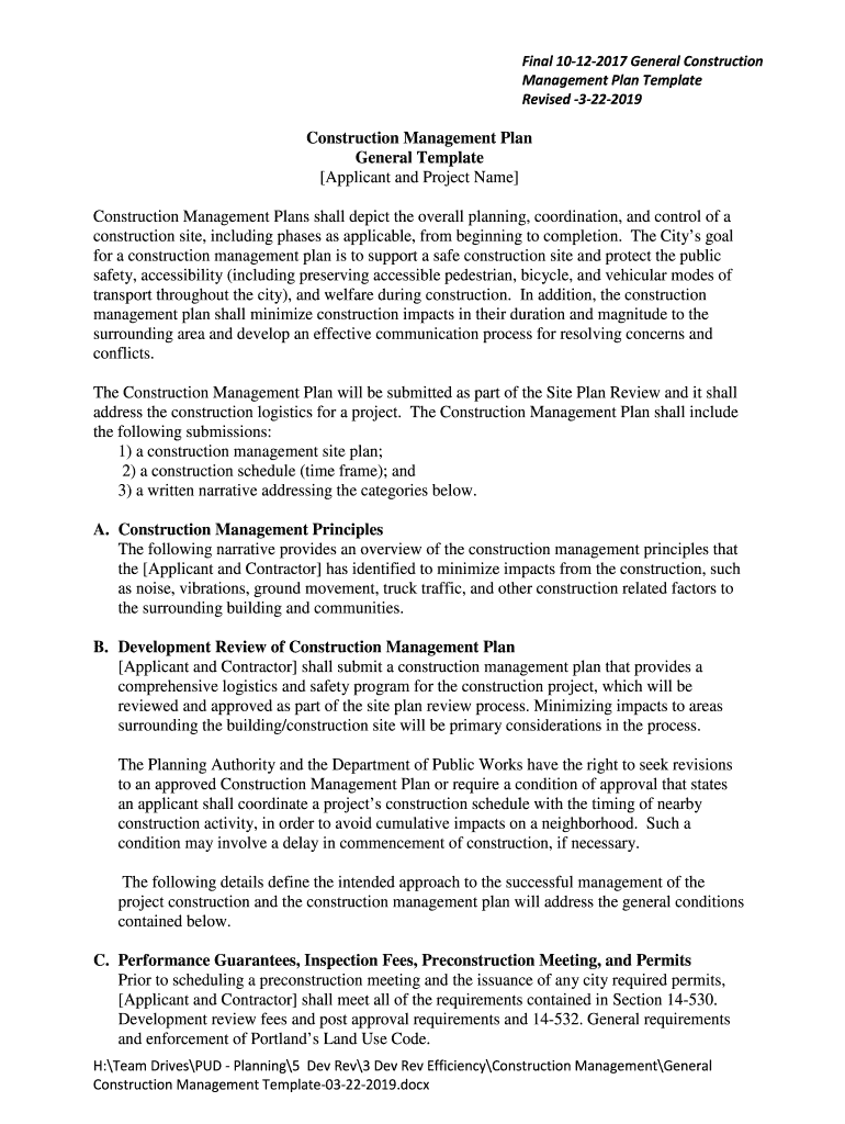 Fillable Online Construction Management Plan General Template Applicant ...