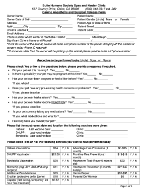 Fillable Online Canine Anesthetic and Surgical Release Form Fax Email ...
