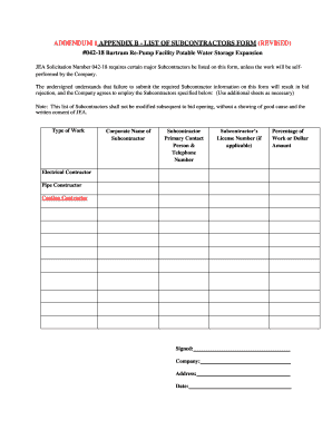 Fillable Online 042-18 Addendum 1 Appendix B- List of Subcontractors ...