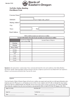 Fillable Online NetTeller Online Banking Enrollment Form - Bank of ...