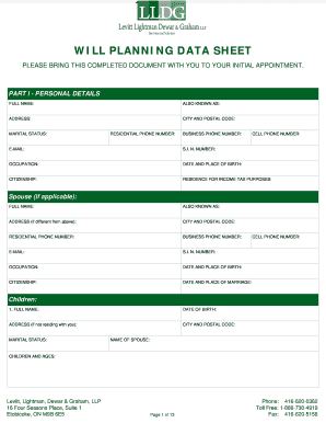 Fillable Online WILL PLANNING DATA SHEET - lldg.ca Fax Email Print - pdfFiller