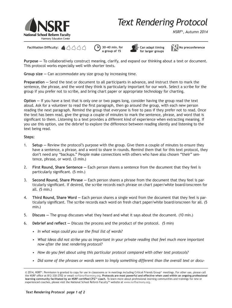 Fillable Online Text Rendering Protocol ( adapted from the National ...