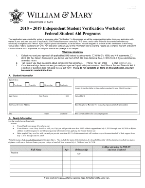 Fillable Online 2018 2019 Independent Student Verification Worksheet Federal ... Fax Email Print ...