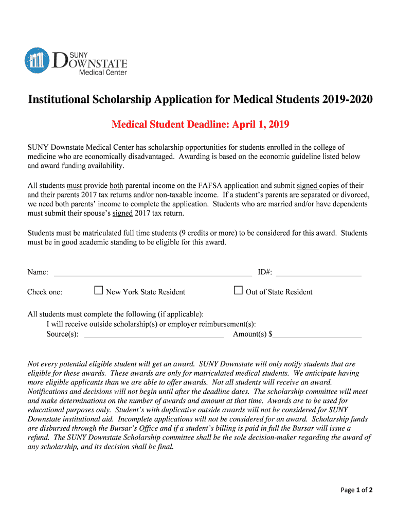 Fillable Online sls downstate Institutional Scholarship Application for Medical Students 2019 ...