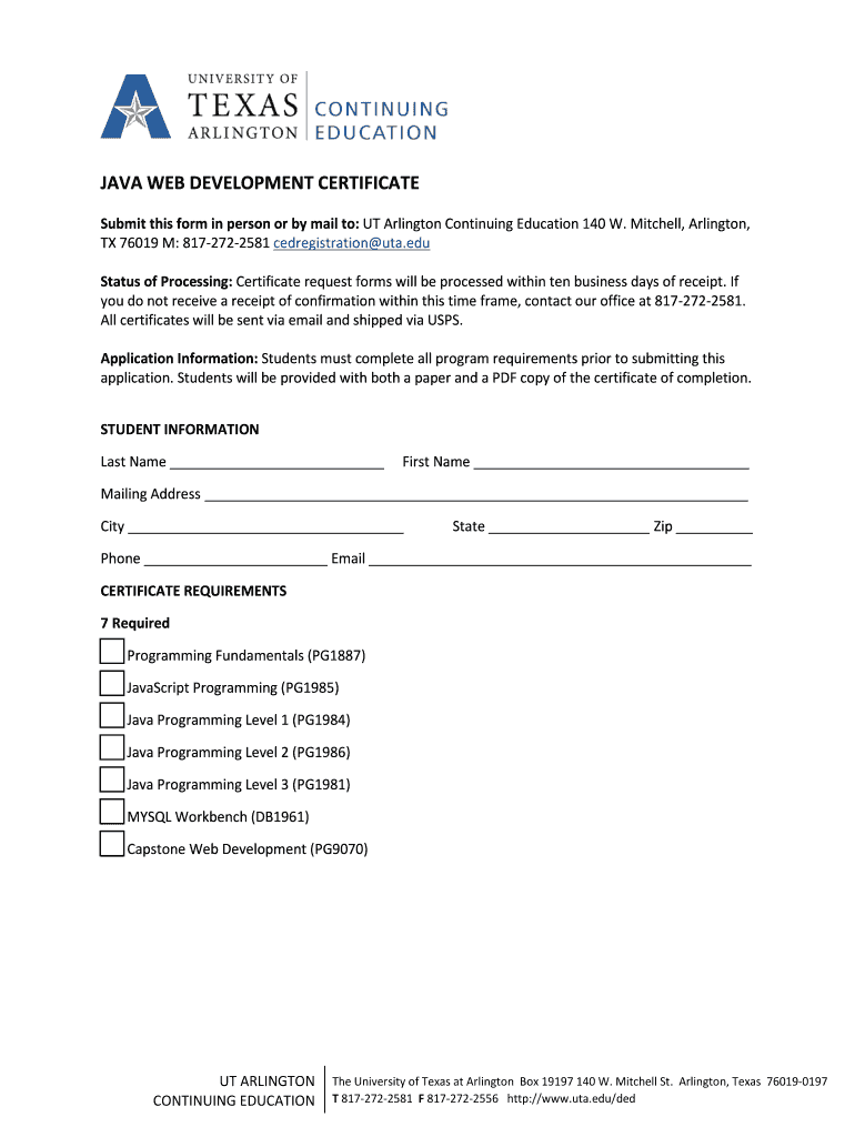 Fillable Online JAVA WEB DEVELOPMENT CERTIFICATE Fax Email Print ...