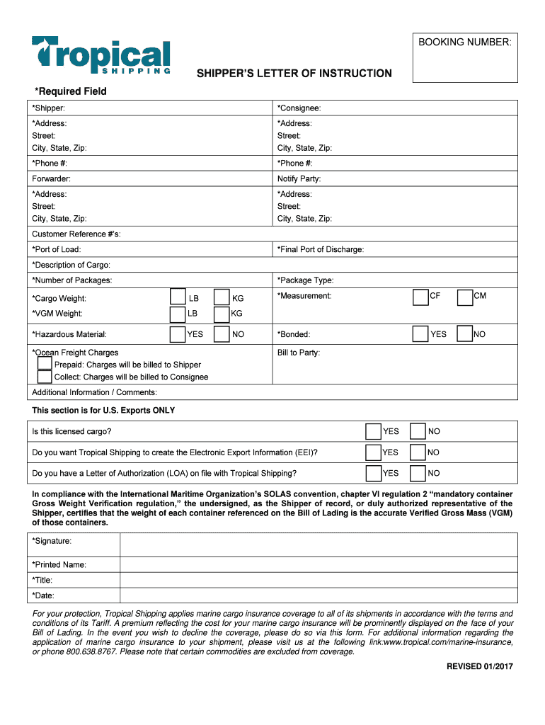 Fillable Online SHIPPERS LETTER OF INSTRUCTION - Tropical Fax Email ...