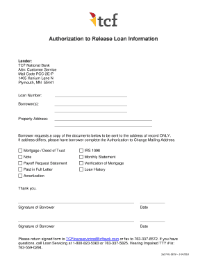 Fillable Online Authorization to Release Loan Information - rlu.tcfbank.com Fax Email Print ...