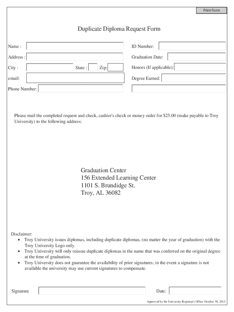 2015-2026 Troy University Duplicate Diploma Request Form Fill Online, Printable, Fillable, Blank ...