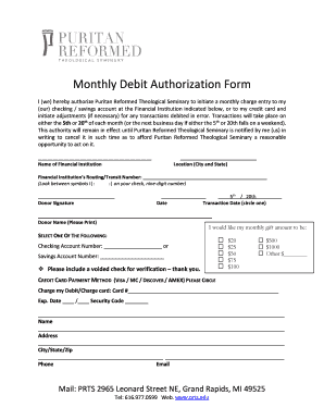Fillable Online Monthly Debit Authorization Form Fax Email Print ...