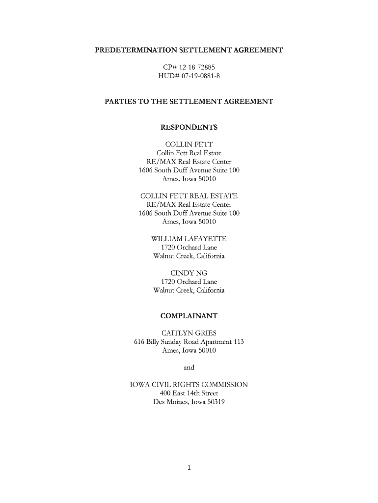 Fillable Online predetermination settlement agreement cp# 12-18-72885 ...