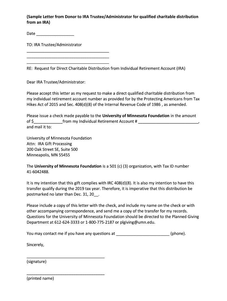 Fillable Online give umn Sample letter from plan owner to administrator for IRA gift Fax Email ...