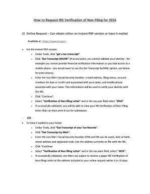Fillable Online How to Request IRS Verification of Non-Filing for 2016 ...